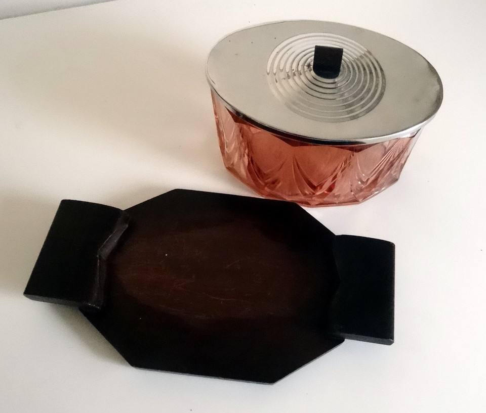 French Art Deco Pressed Glass Biscuit Box on Tray Tableware | eBay