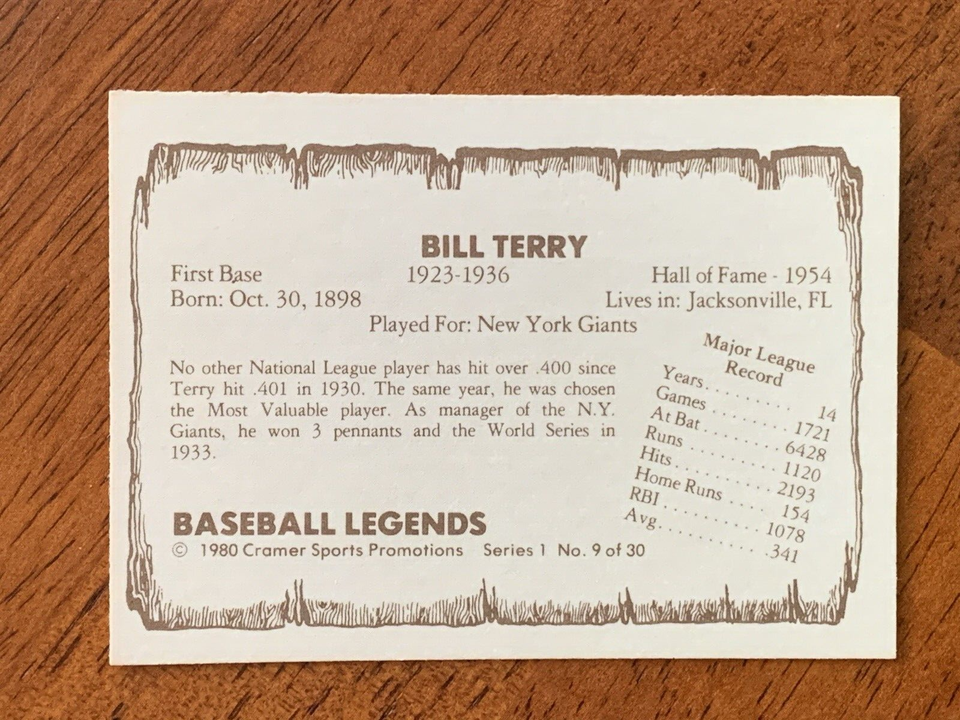 1980 Cramer Baseball Legends #9 - Bill Terry, N. Y. Giants - HOF | eBay
