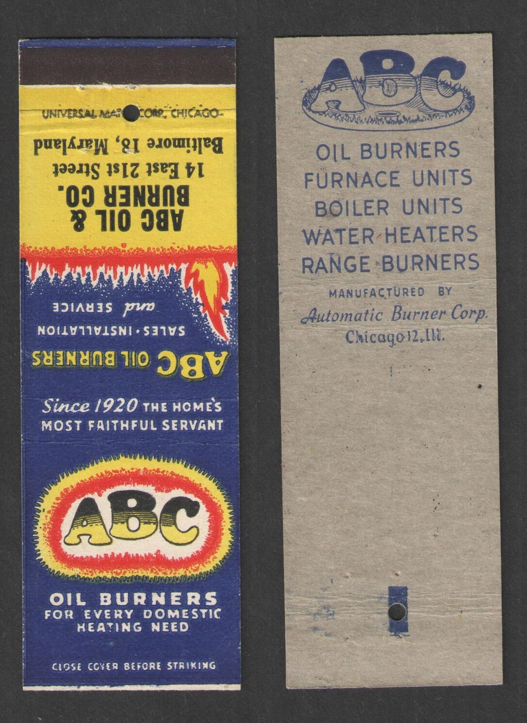 ABC OIL & BURNER CO { SINCE 1920 } BALTIMORE MD MATCHBOOK COVER | eBay