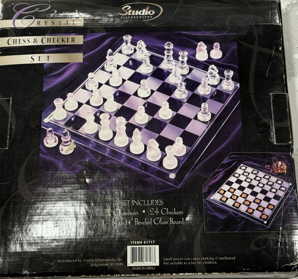 2-in-1 Crystal Chess & Checkers Set - Studio Silversmiths 14x14 Glass ...