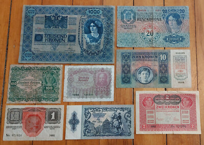 1902-1950 AUSTRIA 8 Note WWI WWII 1000 100 20 10+ Kronen Lot Currency ...
