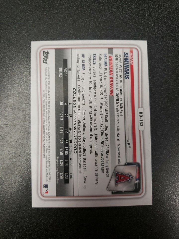 Adam Seminaris 2020 Bowman Draft BD-163 paper base , Angels ,Quantity ...