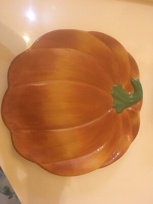2 PUMPKIN APPETIZER PLATE,USED CERAMIC, ORANGE/GREEN,10" DIAMETER | eBay