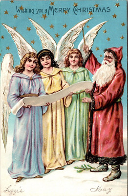 Postcard Wishing You a Merry Christmas Angels with Santa Claus Embossed ...