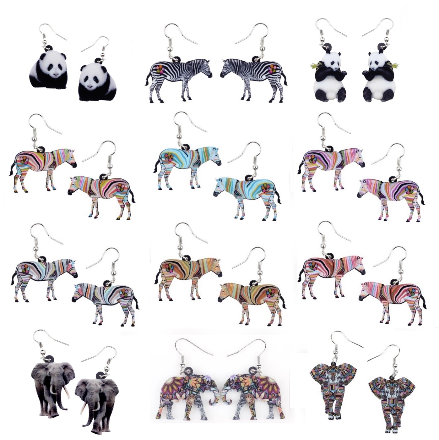Animal Earrings - Zebra Panda Elephant - Cute Fun Colourful Ear Rings ...