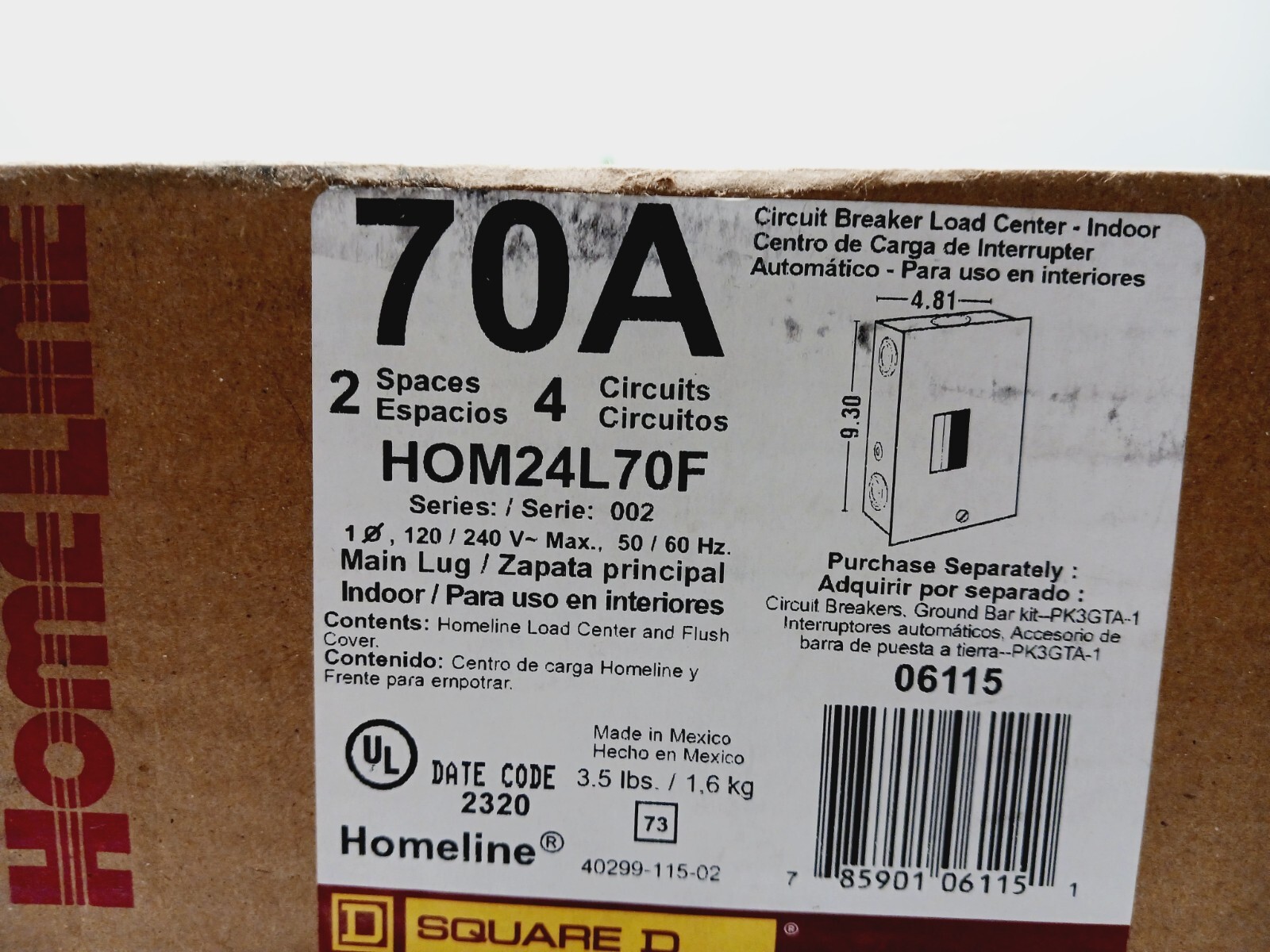 NEW SQUARE D HOM24L70F 70 AMP LOAD CENTER 1PH 2 SPACES 4 CIRCUIT 240 ...