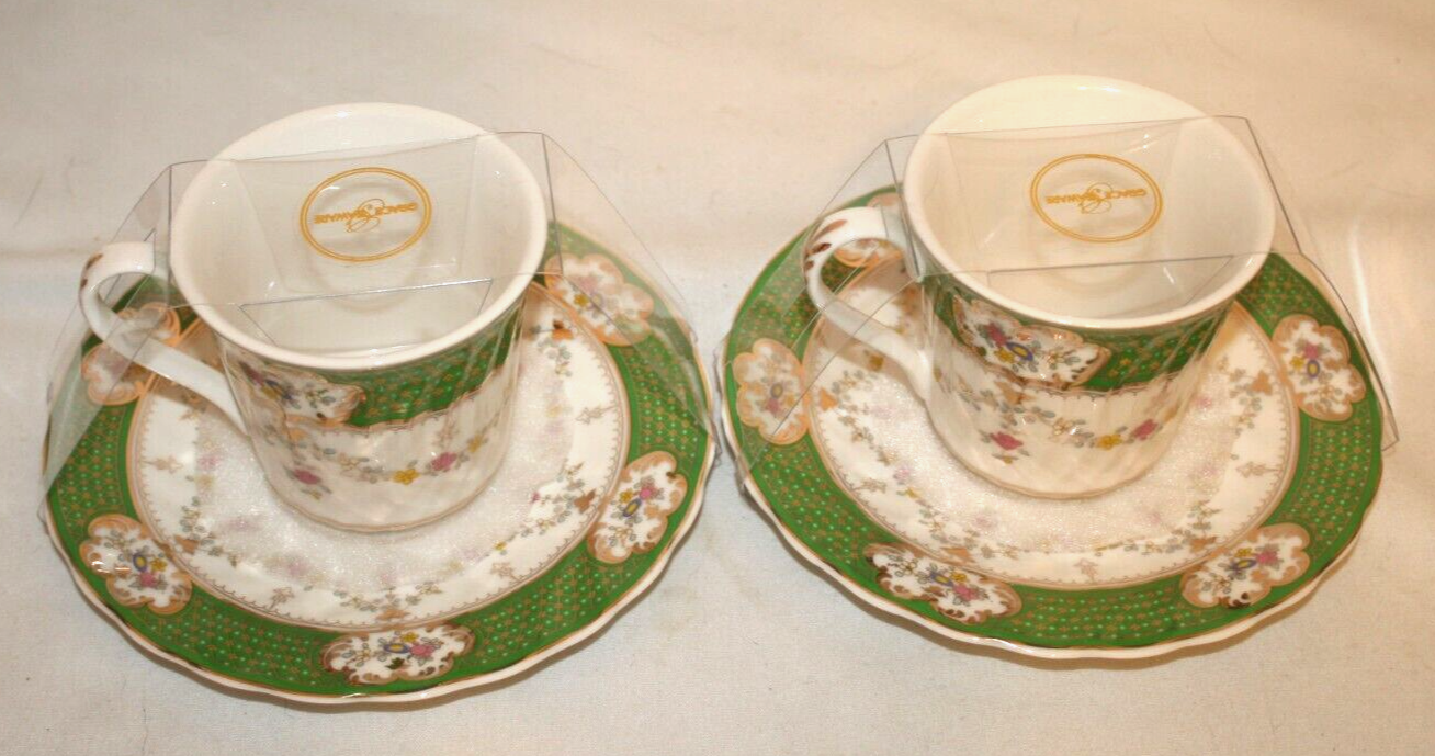 Grace Teaware Two Cups & Saucers Asian Inspired Green w/Gold Trim ...