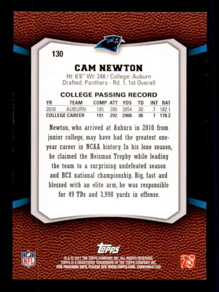Cam Newton Rookie Card 2011 Topps Rising Rookies #130 | eBay