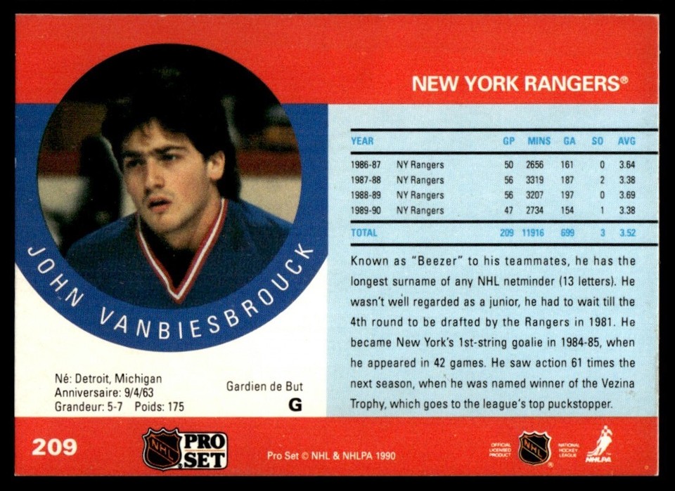 1990-91 Pro Set #209B John Vanbiesbrouck New York Rangers | eBay