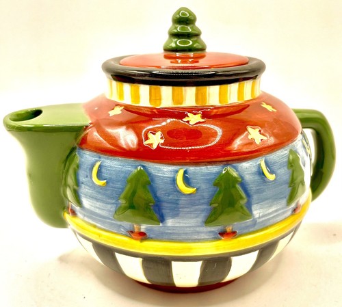 Debbie Mumm Teapot Hand Painted Christmas Tree Moon Stars Sakura Single ...