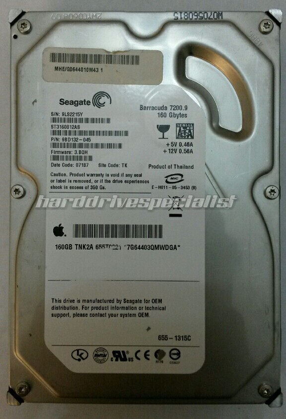 Seagate ST3160812AS 160GB SATA 3.5" P/N:9BD132-045 FW:3.BQH Site:TK ...