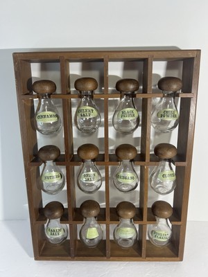 MCM Vintage Wooden Spice Rack Hanging Tear Drop Mushroom Glass 12 Jars ...