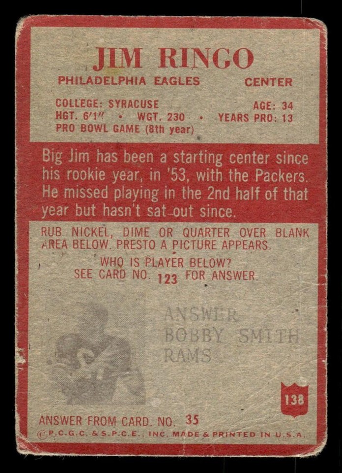 1965 PHILADELPHIA JIM RINGO 138 POOR FOOTBALL PHILADELPHIA EAGLES | eBay