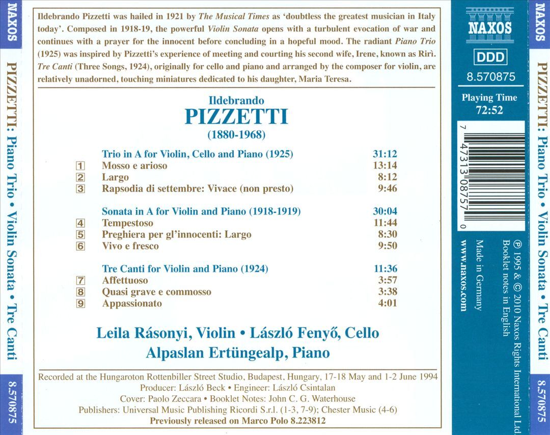 ILDEBRANDO PIZZETTI: PIANO TRIO; VIOLIN SONATA; TRE CANTI NEW CD ...