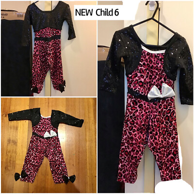 NEW Dance Costume Unitard Pink Black Sequin Leopard Print Velvet 3/4 ...