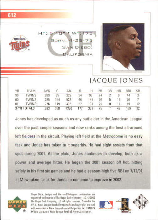 2002 Upper Deck Minnesota Twins Baseball Card #612 Jacque Jones | eBay