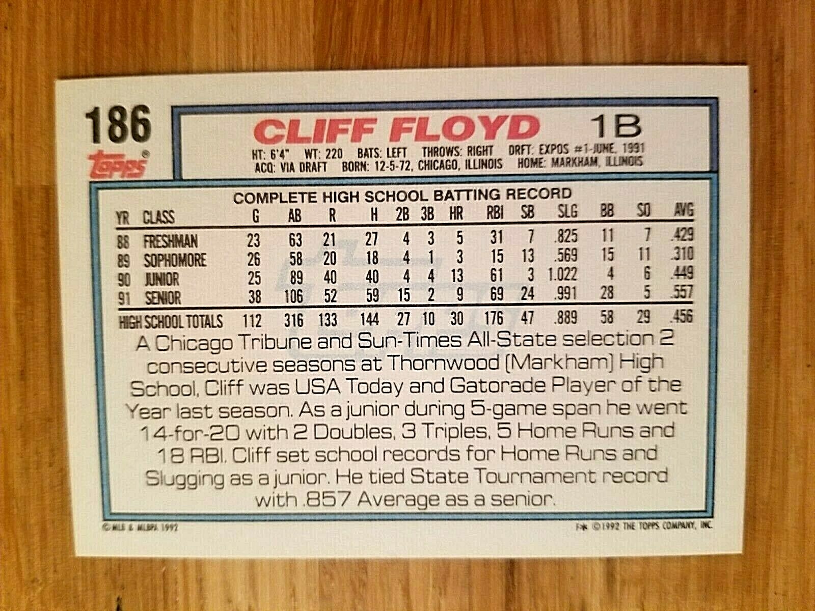 Cliff Floyd 1992 Topps Draft Pick Rookie Card #186 NM+ | eBay