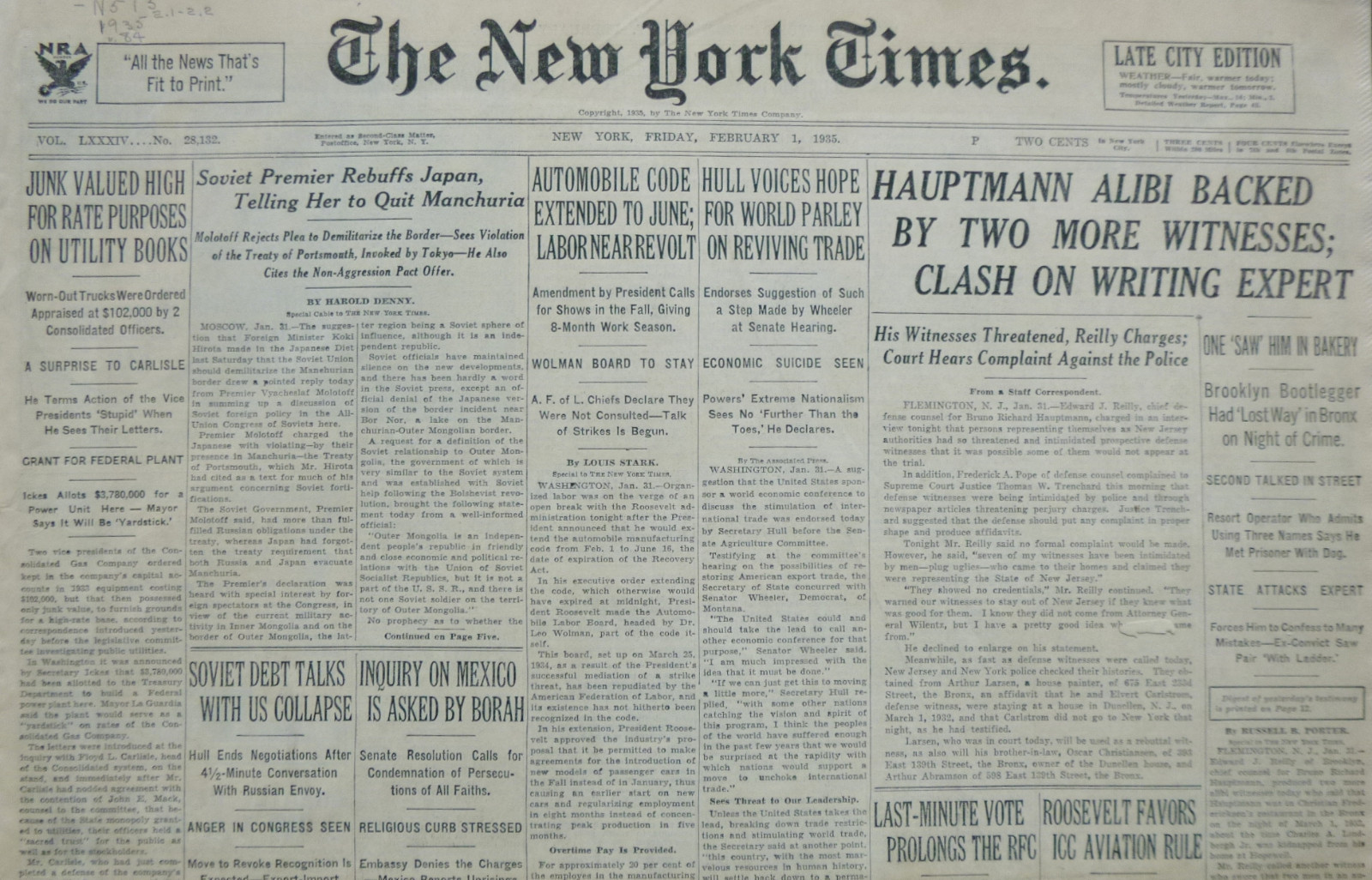 2-1935 February 1 HAUPTMANN ALIBI BACKED BY MORE WITNESSES; SOVIET DEBT ...