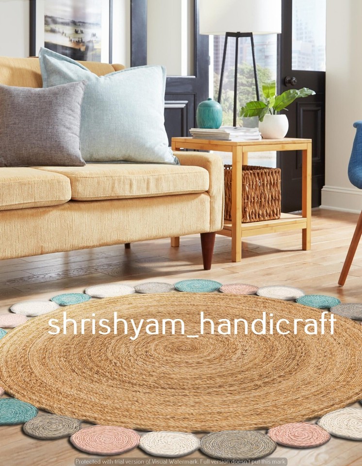 Rug Jute Round Natural 100% Jute Handmade Rug Reversible Braided Rustic ...
