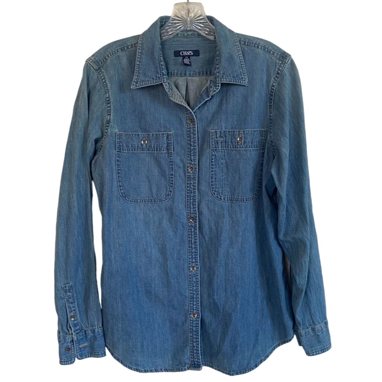 Chaps Long Sleeve Chambray Denim Button Blouse Large … - Gem