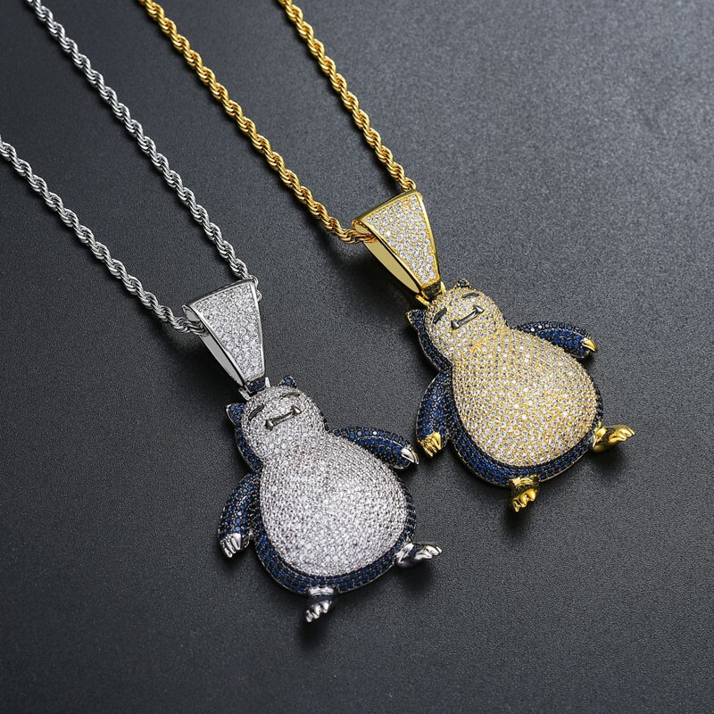 Cartoon Pokemon Snorlax Hip Hop Pendant Chain Necklace ICED AAA+ CZ Cos ...