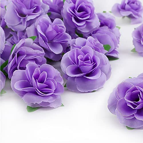 50 Pcs Artificial Purple Roses Flowers Small Silk Fake Rose Heads for ...