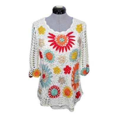 V Cristina Women's SIZE XL Boho Floral Indie Crochet Tunic Layered Top ...