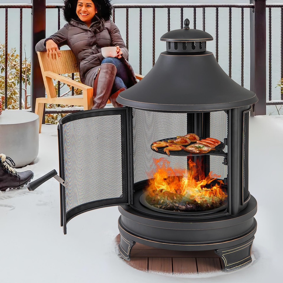 Outdoor 30 Inch Fire Pit Chiminea w/ Grill Chimney Spark Screen Door ...