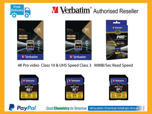 Verbatim Pro+ 4K SD Video Camera Memory Card SDXC 32 64 128GB (UHS-I U3 ...