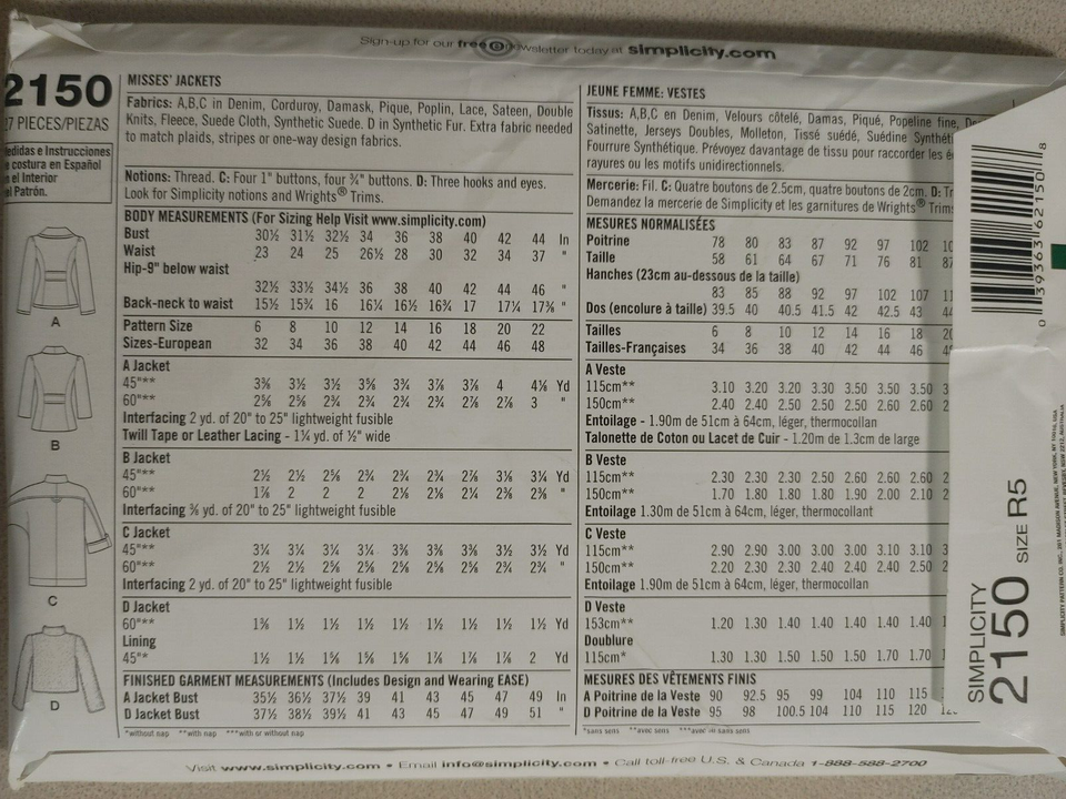 Simplicity Pattern 2150 Women's Plus Jackets Coats Sew Stylish 14 16 18 ...