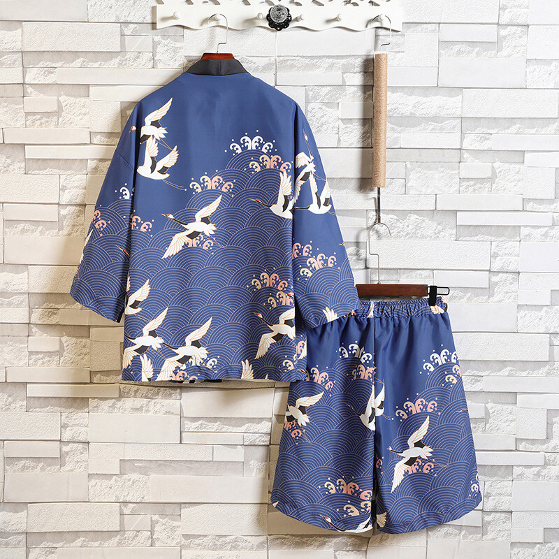 Men Kimono and Shorts Set 3/4 Sleeve Yukata Shirt Tops Half Pants ...