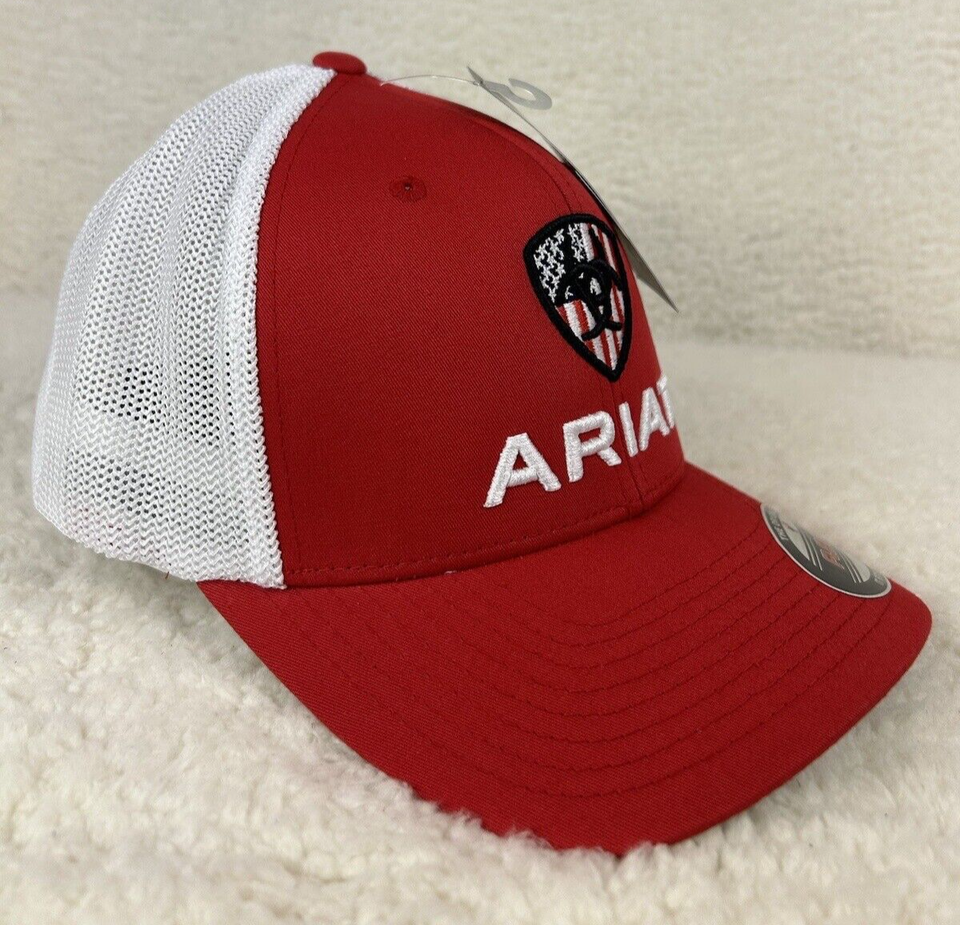 Ariat Trucker Hat Cap White Red Flex Fit Flag Baseball Mesh Western ...