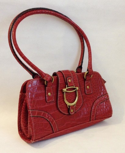 Brick Red Faux Crocodile Purse Satchel Handbag Tote Bag Metal Accents ...