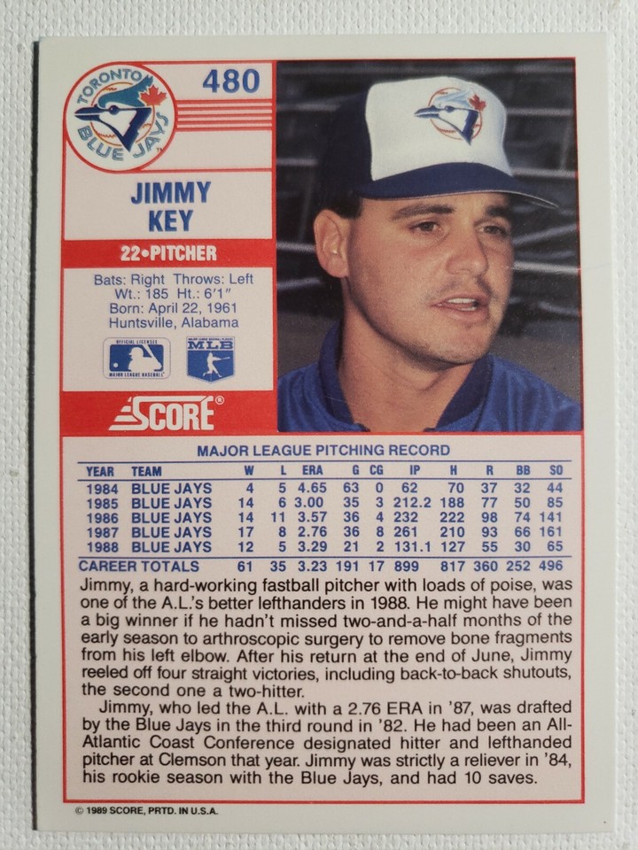 1989 Score Jimmy Key Auto Autograph Card Signed #480 Yankees Blue Jays ...
