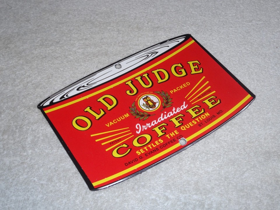 VINTAGE OLD JUDGE COFFEE CAN +OWL 7 3/4" PORCELAIN METAL SODA, GASOLINE ...