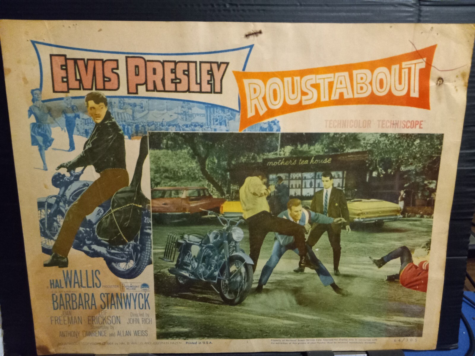 Lobby Card 1964 ROUSTABOUT Elvis Presley motorcycle fights college boys ...