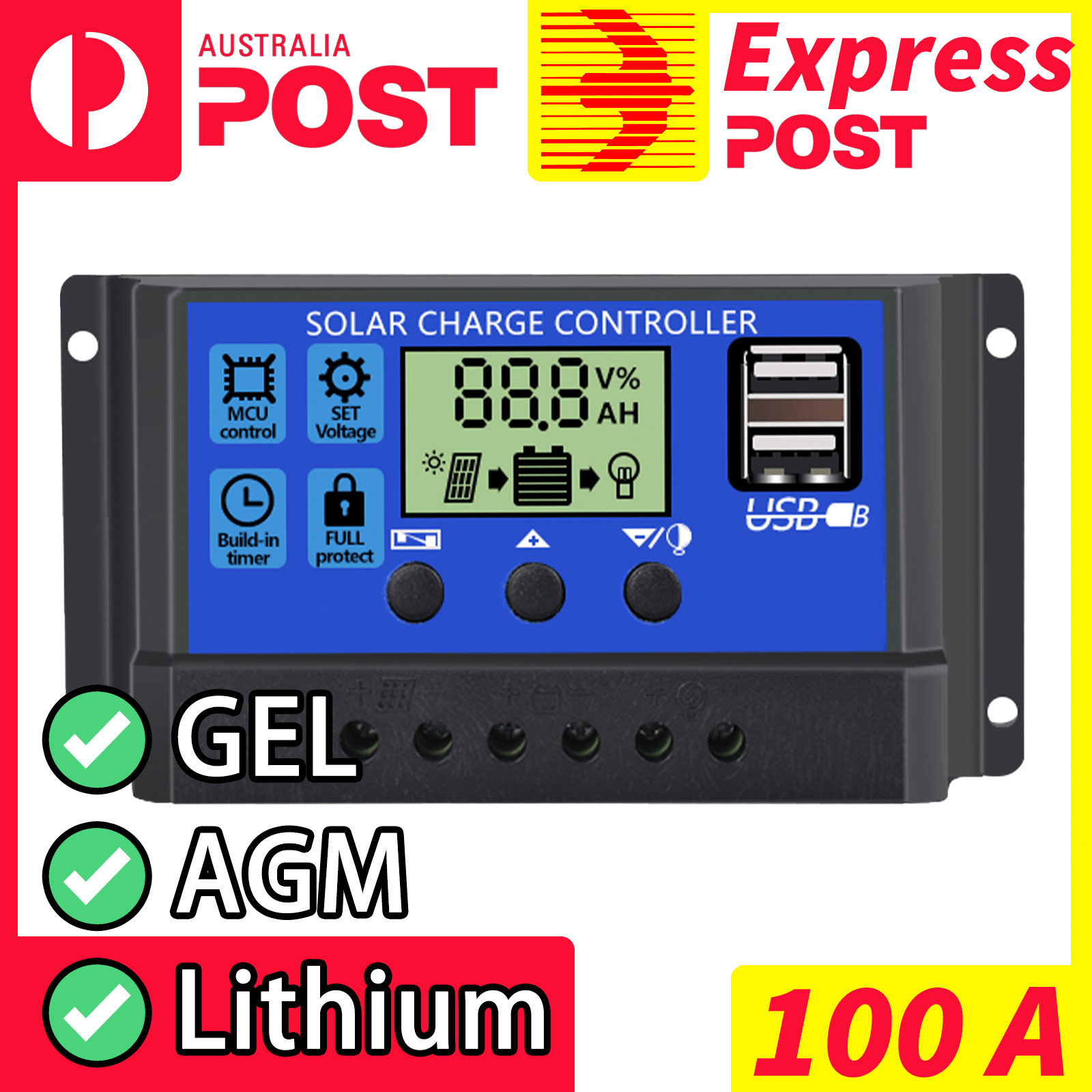 100A Solar Panel Battery Charge Controller Dual USB 12V/24V LCD ...