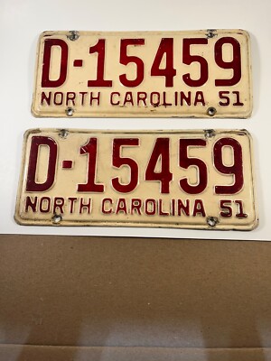1951 Pair of North Carolina NC License Plate D-15459 Original Condition ...