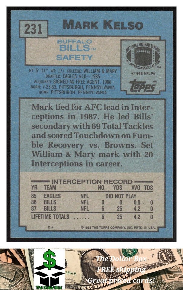 1988 Topps #231 Mark Kelso - Buffalo Bills | eBay