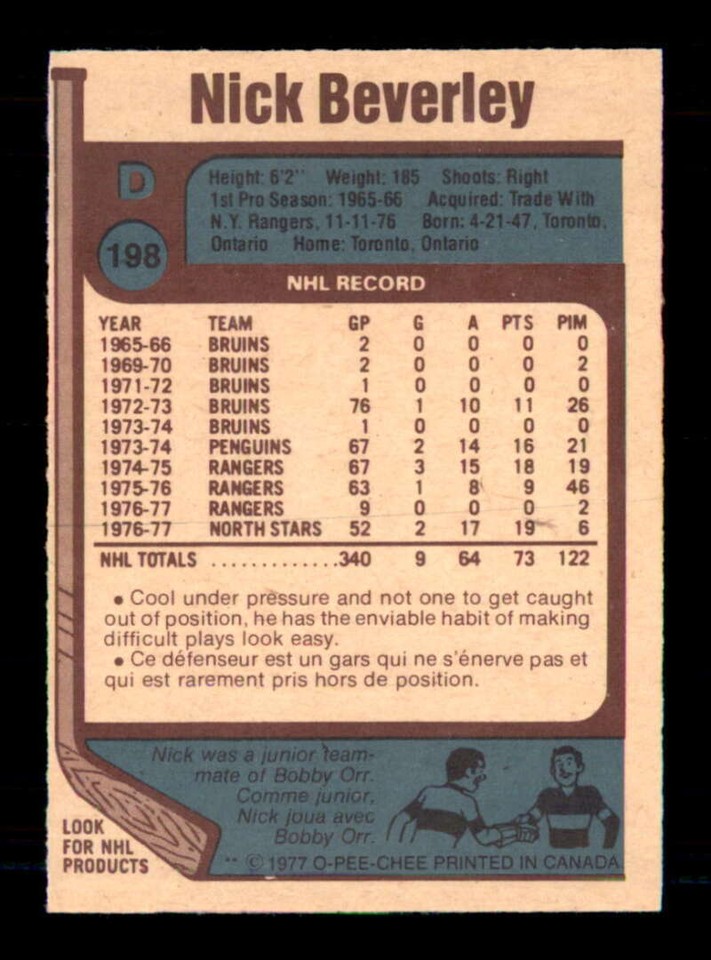 1977 O-Pee-Chee NHL #198 Nick Beverley EXMT/EXMT+ X2911692 | eBay