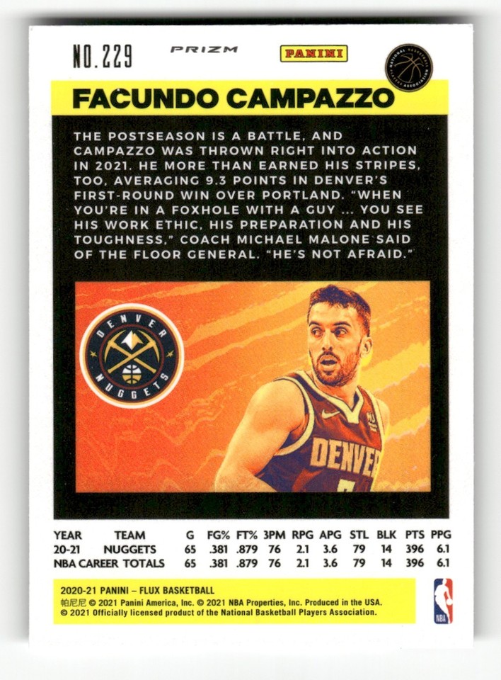 Facundo Campazzo 2020-21 Panini Flux Pulsar #229 RC Denver Nuggets | eBay