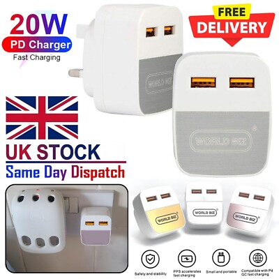 UK 3 Pin Dual USB Plug Adapter Mains Wall Charger UK Plug 20W Fast ...