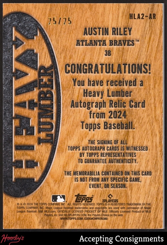 2024 Topps Heavy Lumber Autograph Relics #HLA2AR Austin Riley BAT AUTO ...