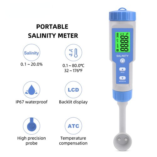Salinity Meter Waterproof Salt Concentration Meter 0.1-20.0% ATC ...