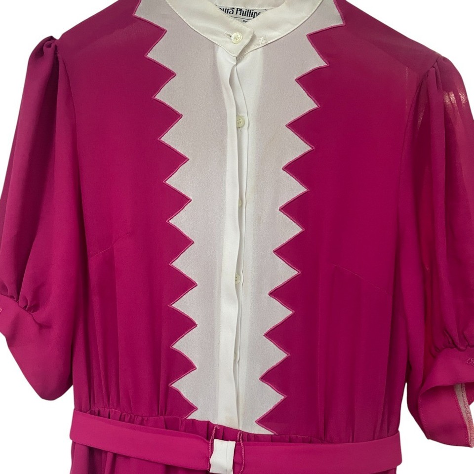 Laura Phillips Dress Vintage Pink White Short Puff Sleeve Button Neck ...