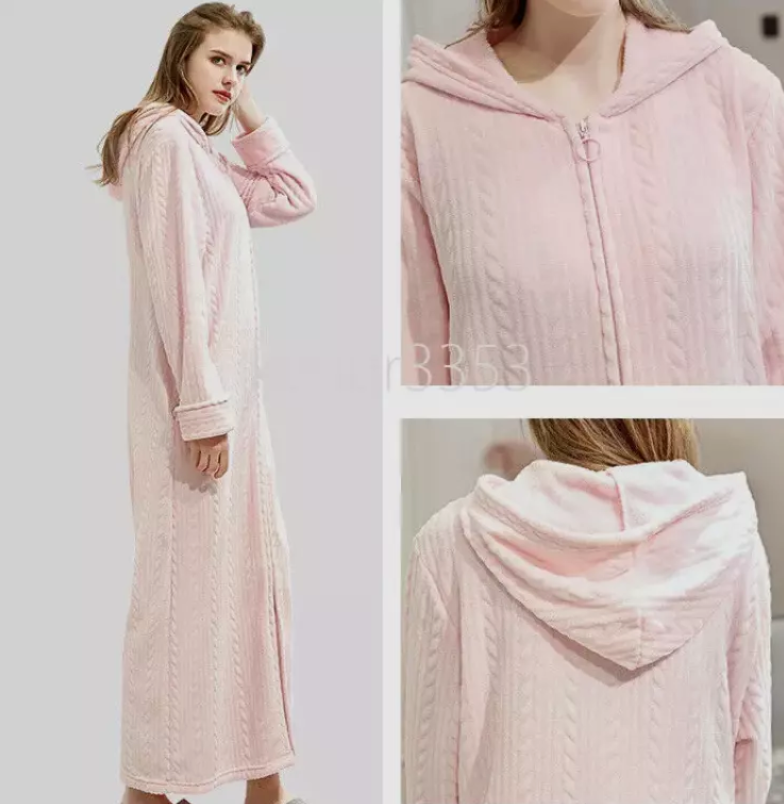 Ladies Extra Long Hooded Dressing Gown Bath Robe Warm Soft Fleece Zip ...