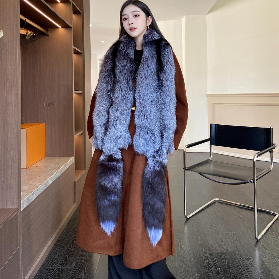 Women's Whole Pelt Real Silver Fox Fur Shawl Scarf Cape Wrap Collar ...