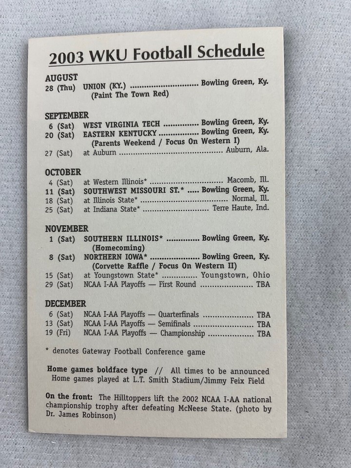 CFB Western Kentucky Hilltoppers 2003 Football Schedule Card | eBay