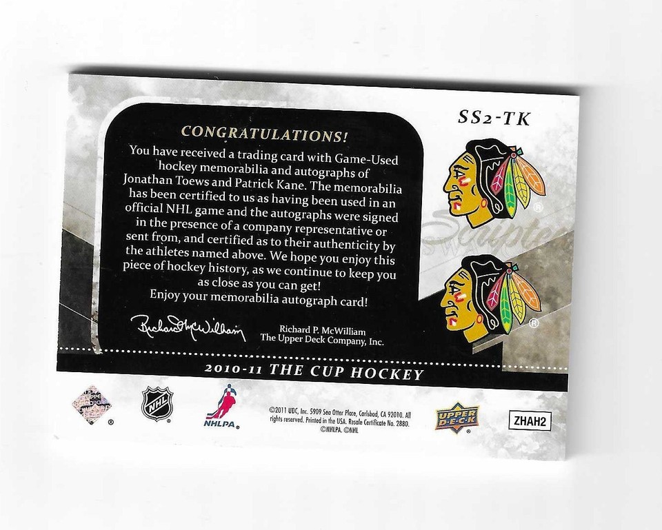 2010-11 The Cup Jonathan Toews/Patrick Kane Dual Patch Auto #'ed 5/15 ...