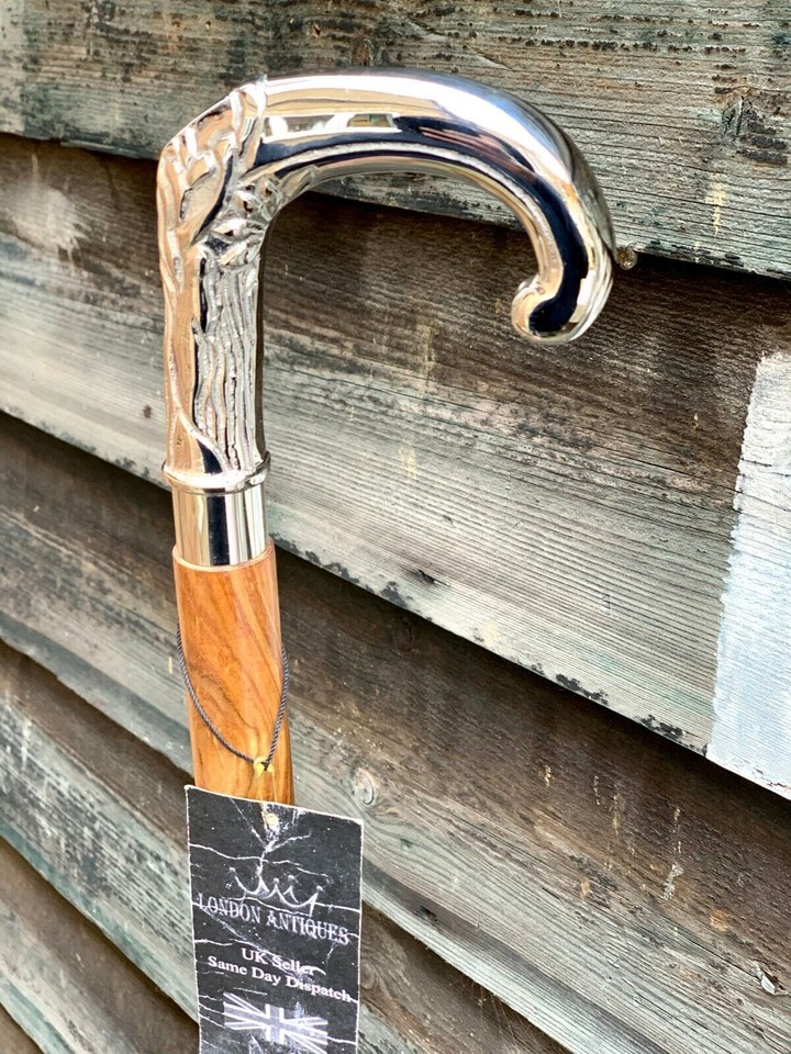 Solid Silver eva Adam Head Vintage Polished Wooden Walking Stick Cane ...
